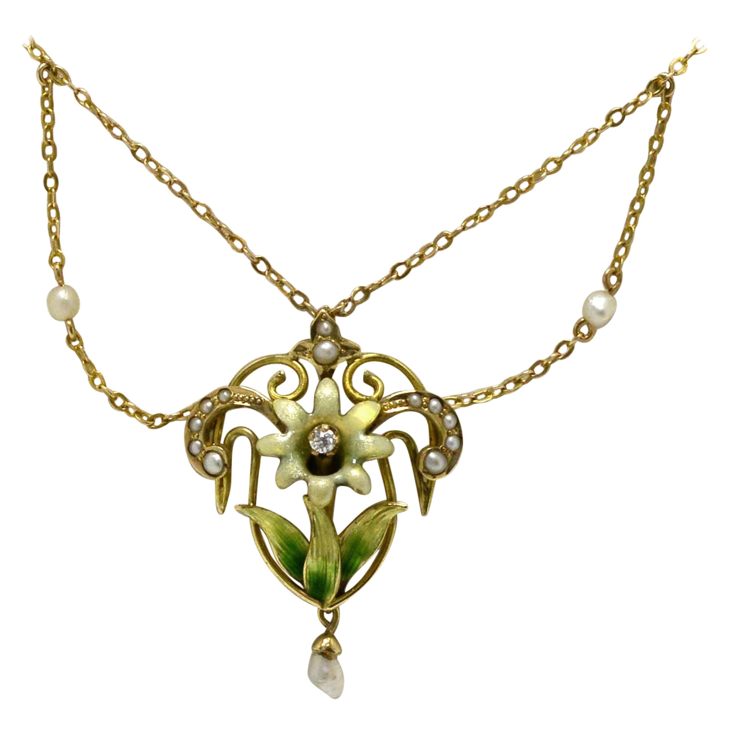 Art Nouveau Enamel Necklace Flower Swags Natural Pearl Lavaliere ...