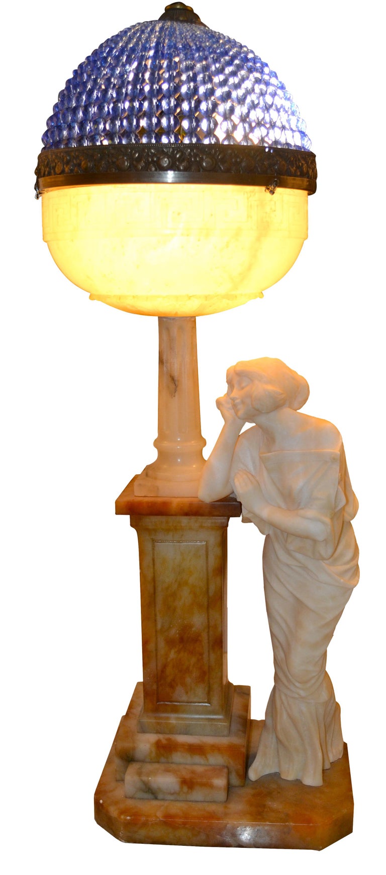 Art Nouveau Figural Alabaster Lamp with a Beaded Blue Crystal Shade For ...