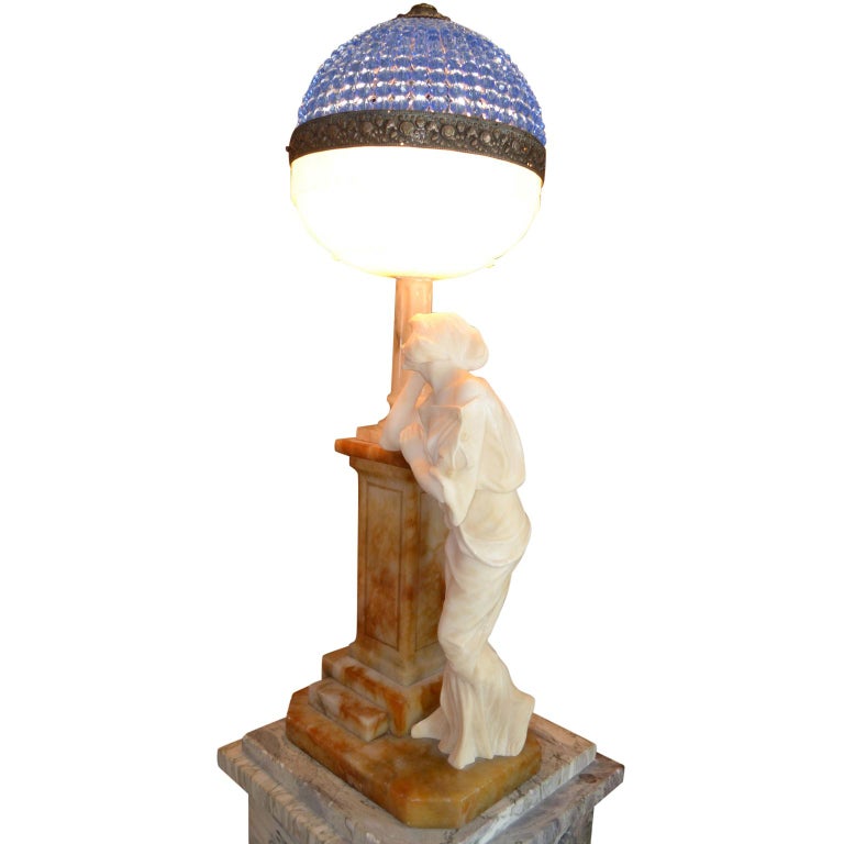 Art Nouveau Figural Alabaster Lamp with a Beaded Blue Crystal Shade For ...
