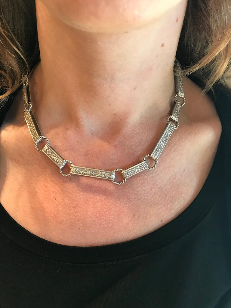 Art Nouveau Sterling Silver Chain Link Necklace Floral Embossed For ...