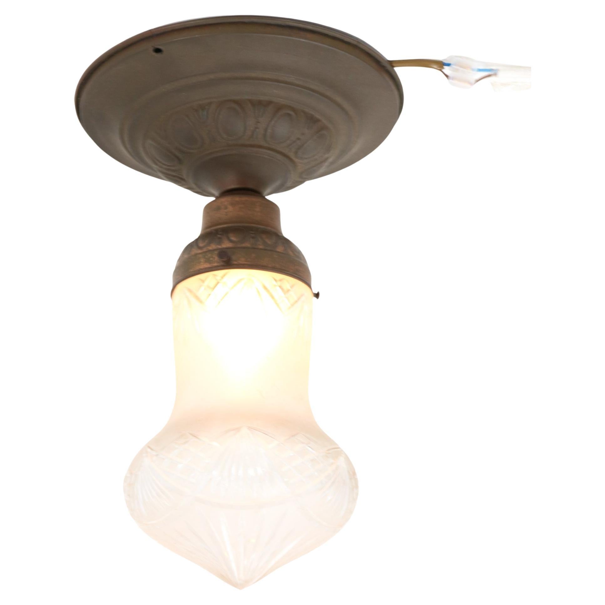 French Art Nouveau Brass Cut Blown Glass Flush Mount Ceiling Light ...