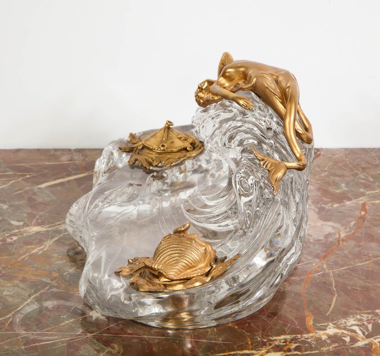 Art Nouveau French Gilt Bronze and Crystal Nautical Mermaid Inkwell ...