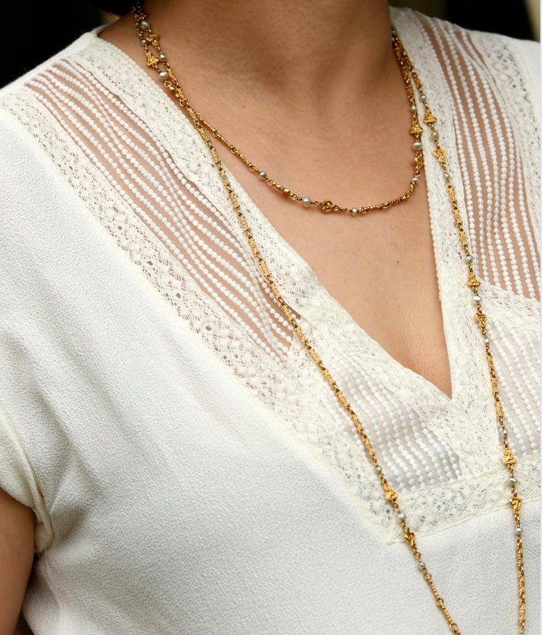 Art Nouveau French Gold Natural Pearl Long Chain, circa 1900 at 1stDibs