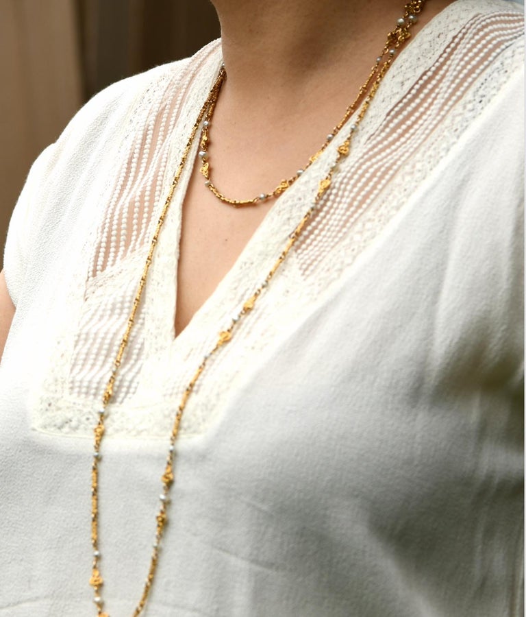 Art Nouveau French Gold Natural Pearl Long Chain, circa 1900 at 1stDibs