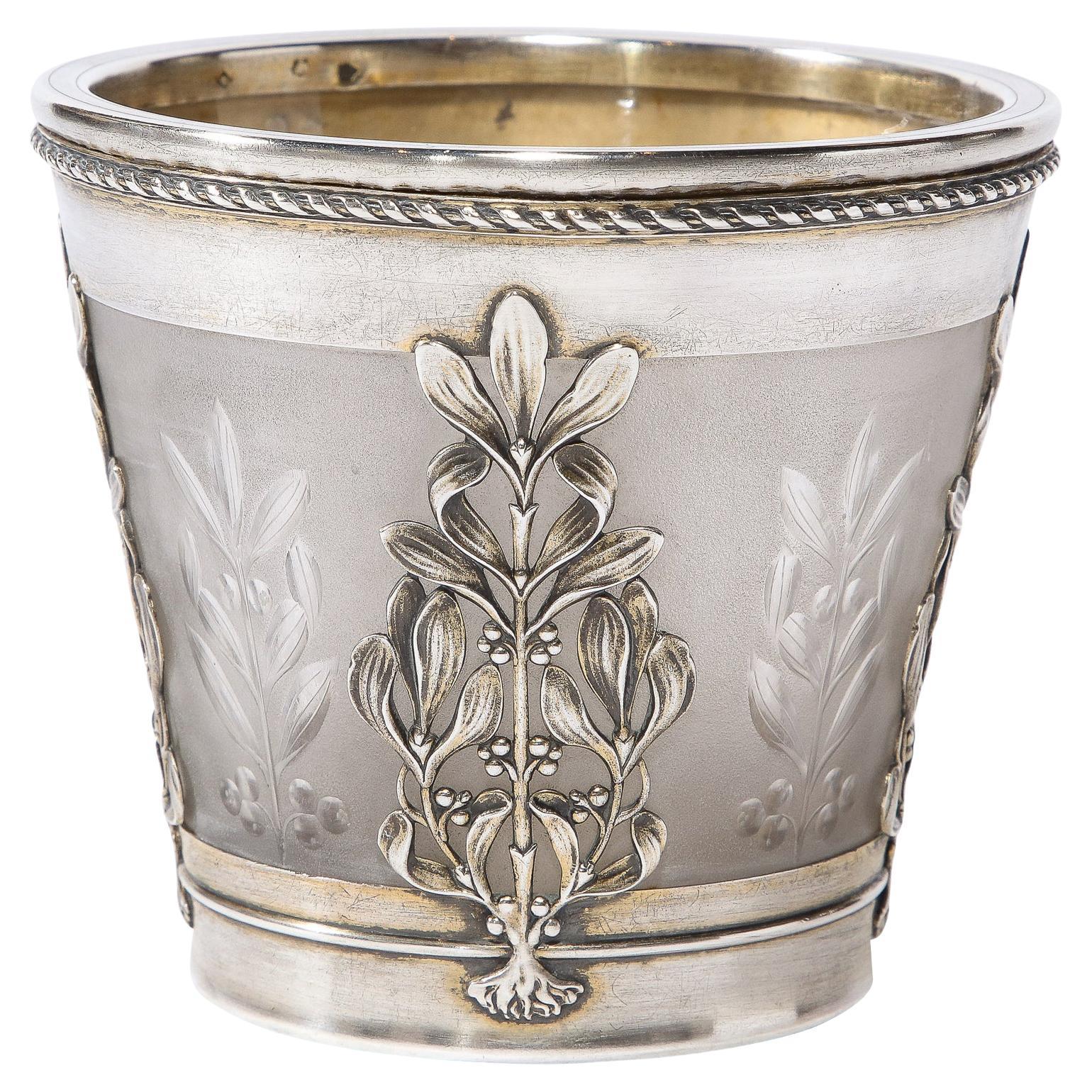 Art Nouveau Frosted Glass Cachepot w/ Foliate Sterling Overlay by Emile ...