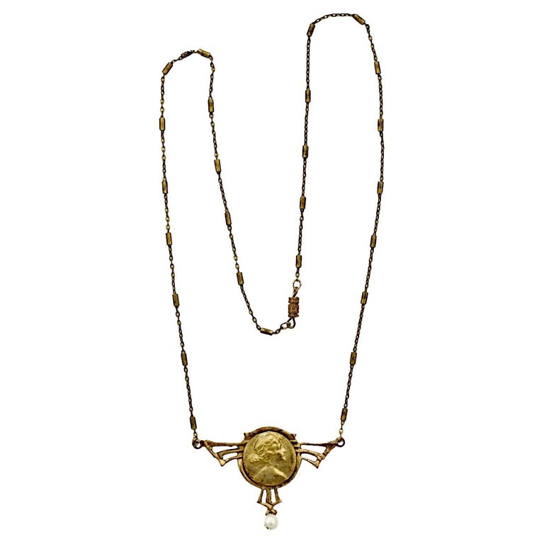 Art Nouveau Gilt Metal Lady Pendant with Cultured Pearl and Fancy Link ...