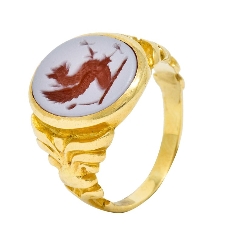 Art Nouveau Hardstone Intaglio 18 Karat Gold Griffin Signet Ring at 1stDibs