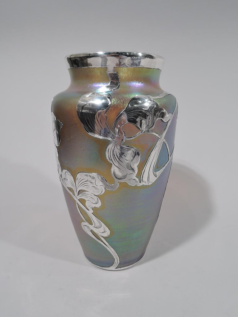 Art Nouveau Iridescent and Silver Overlay Glass Vase by Historic Loetz ...