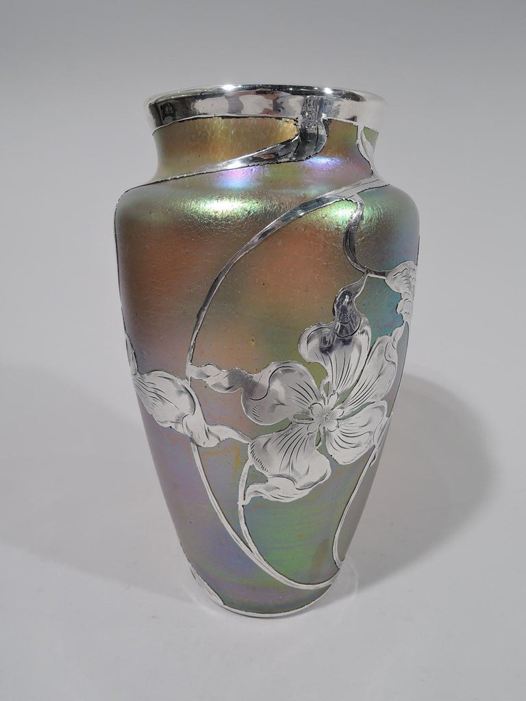 Art Nouveau Iridescent and Silver Overlay Glass Vase by Historic Loetz ...
