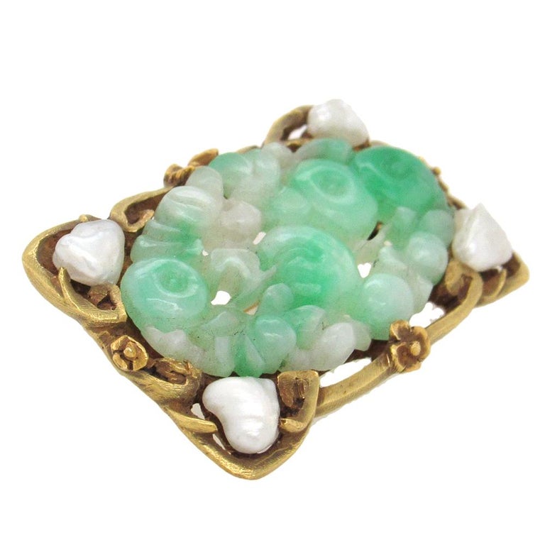 Art Nouveau Jade and Pearl Brooch For Sale at 1stDibs