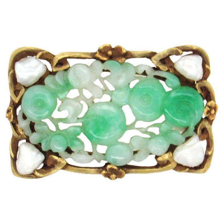 Art Nouveau Jade and Pearl Brooch For Sale at 1stDibs