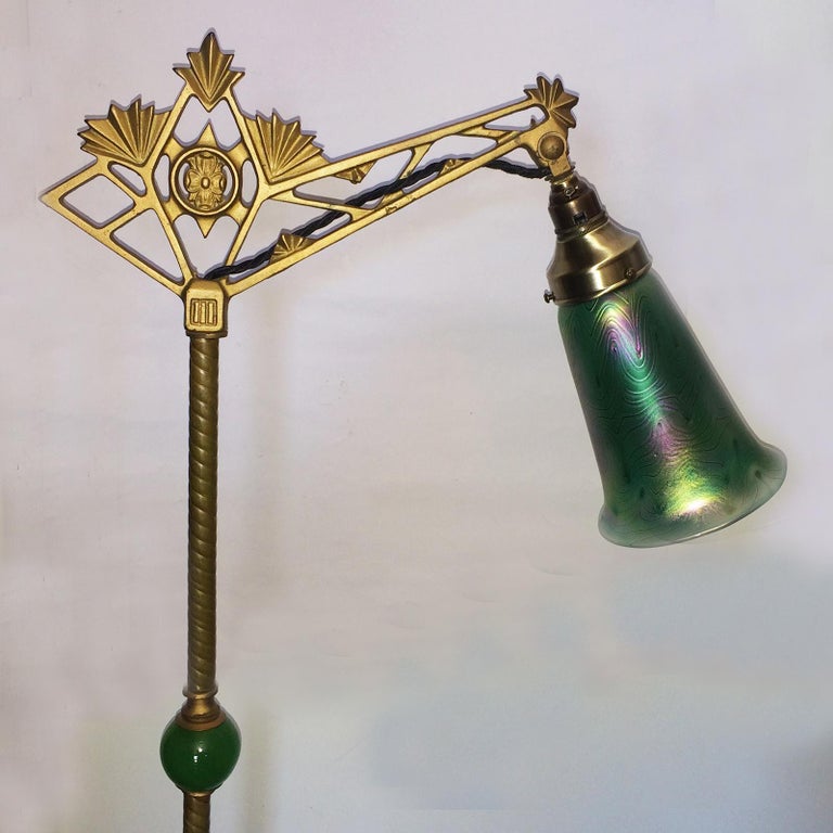 Art Nouveau Jadeite Glass and Iridescent Pulled Feather Shade Bridge ...