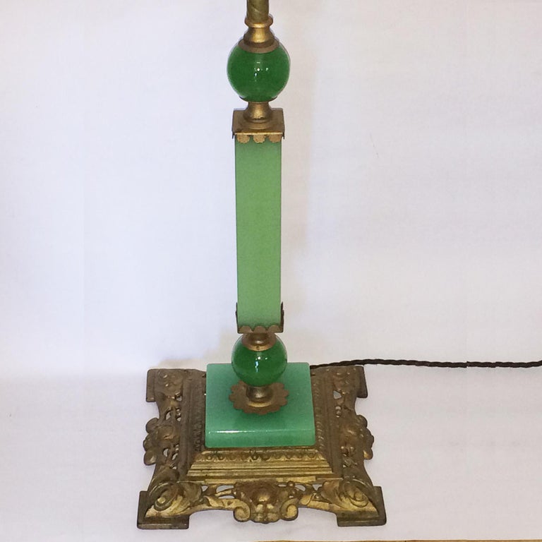 Art Nouveau Jadeite Glass and Iridescent Pulled Feather Shade Bridge ...
