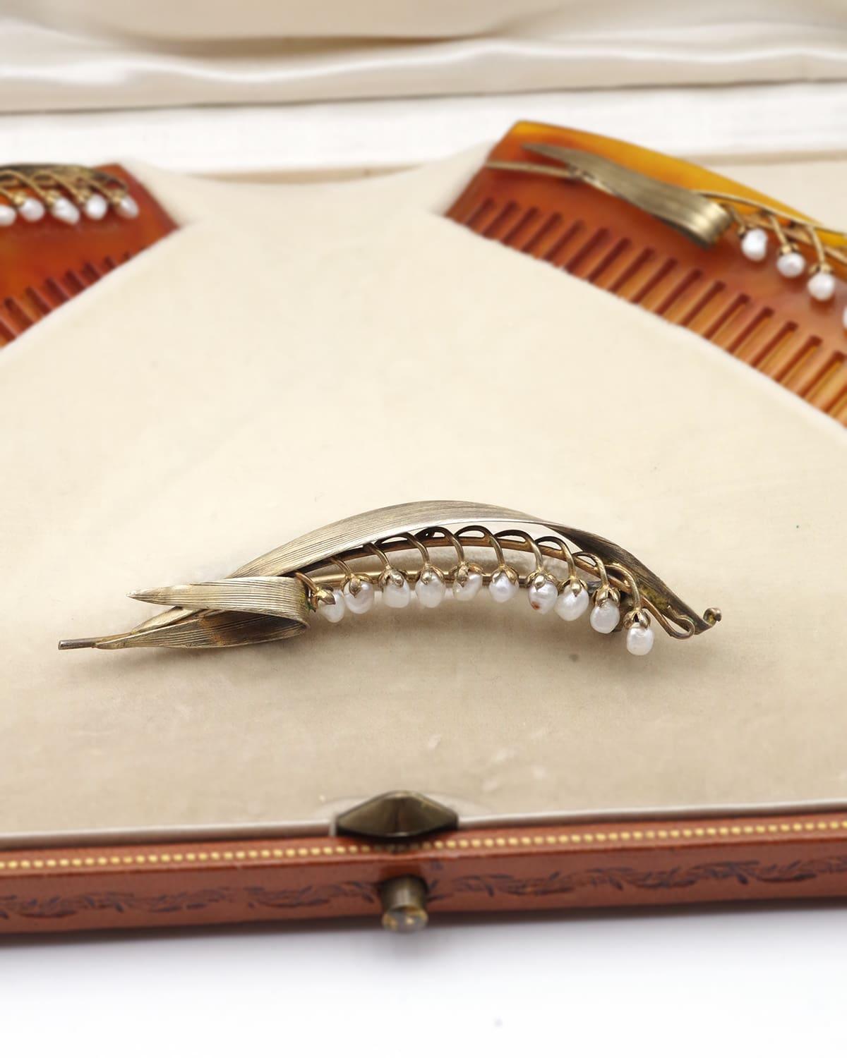 Art Nouveau lily of the valley set by Beaudouin, natural pearls ...