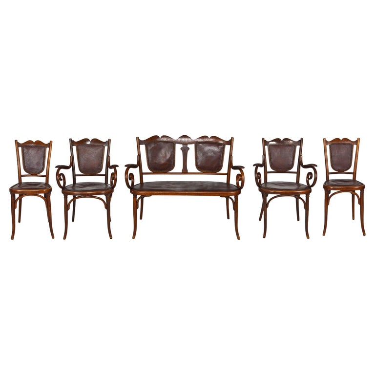 Art Nouveau Living Room Set by Fischel in Bentwood and Leather, circa ...