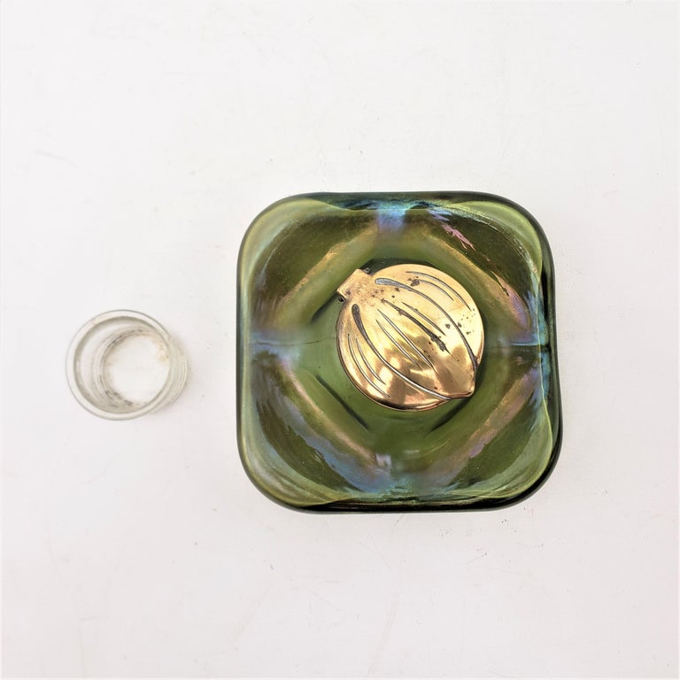 Art Nouveau Loetz Styled Green Iridescent Art Glass Inkwell with Brass ...