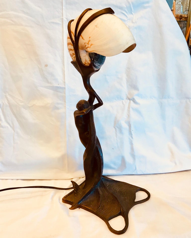 Art Nouveau Mermaid Lamp with Nautilus Shell Shade at 1stDibs