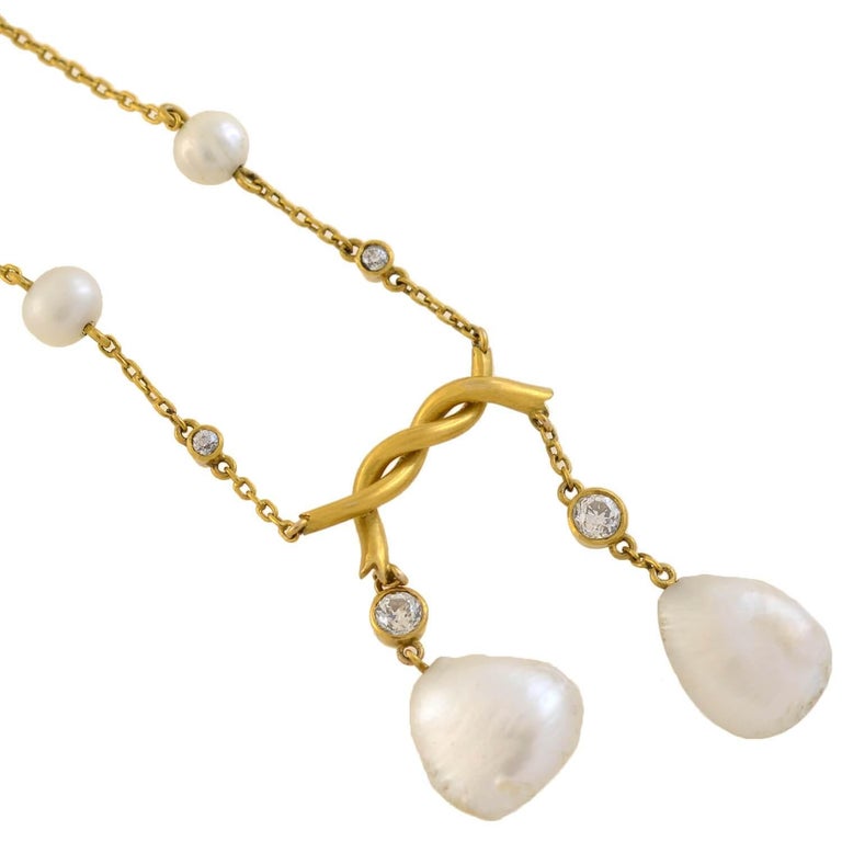 Art Nouveau Mississippi River Pearl and Diamond Lavalier Necklace at ...