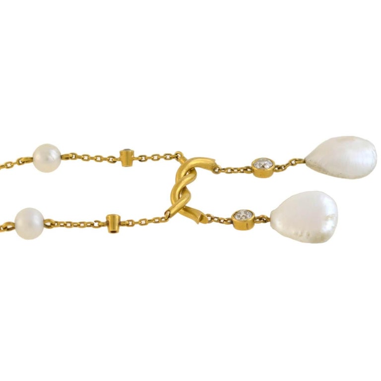 Art Nouveau Mississippi River Pearl and Diamond Lavalier Necklace at ...