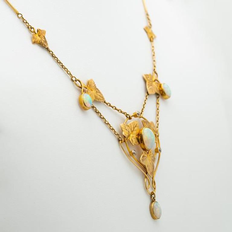 Art Nouveau Murrle Bennet 15K Yellow Gold and Australian Opal Necklace ...