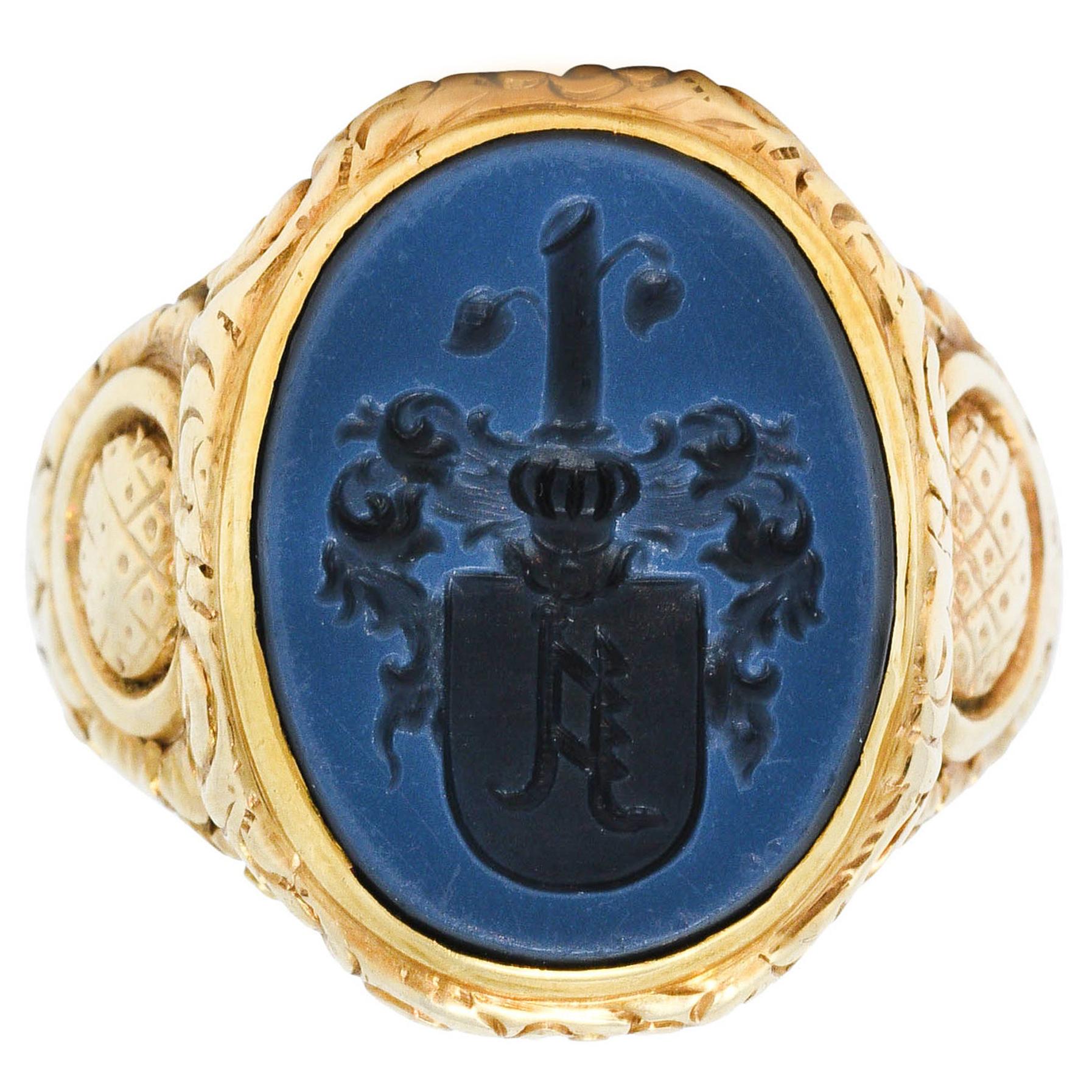 Victorian 14 Karat Gold Men's Heraldry Signet Ring at 1stDibs