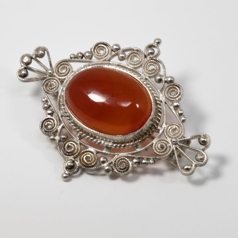 Art Nouveau Ornate Silver Filigree Carnelian Cabochon Pin Brooch, Early ...