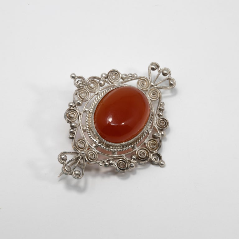 Art Nouveau Ornate Silver Filigree Carnelian Cabochon Pin Brooch, Early ...
