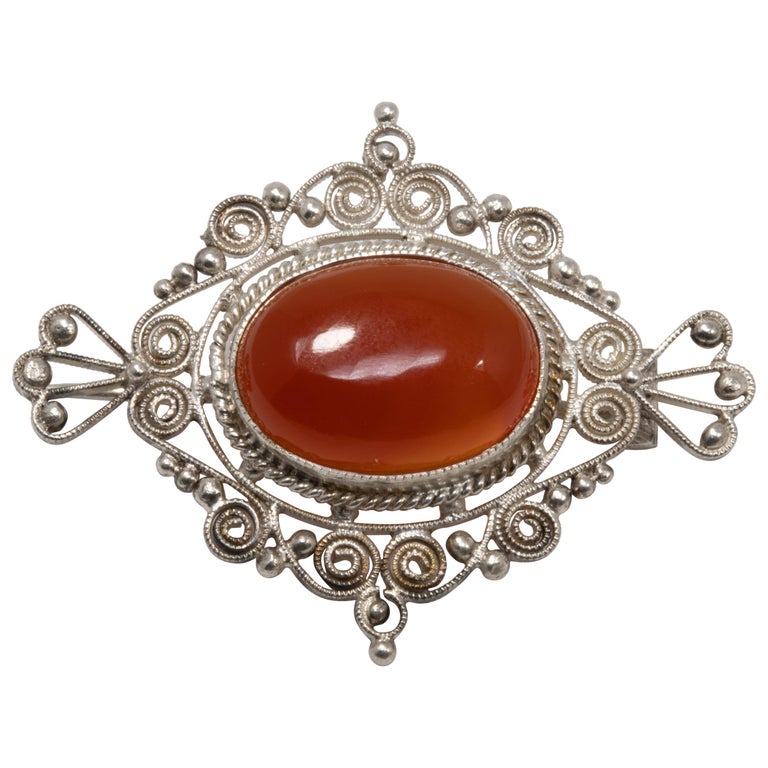 Art Nouveau Ornate Silver Filigree Carnelian Cabochon Pin Brooch, Early ...