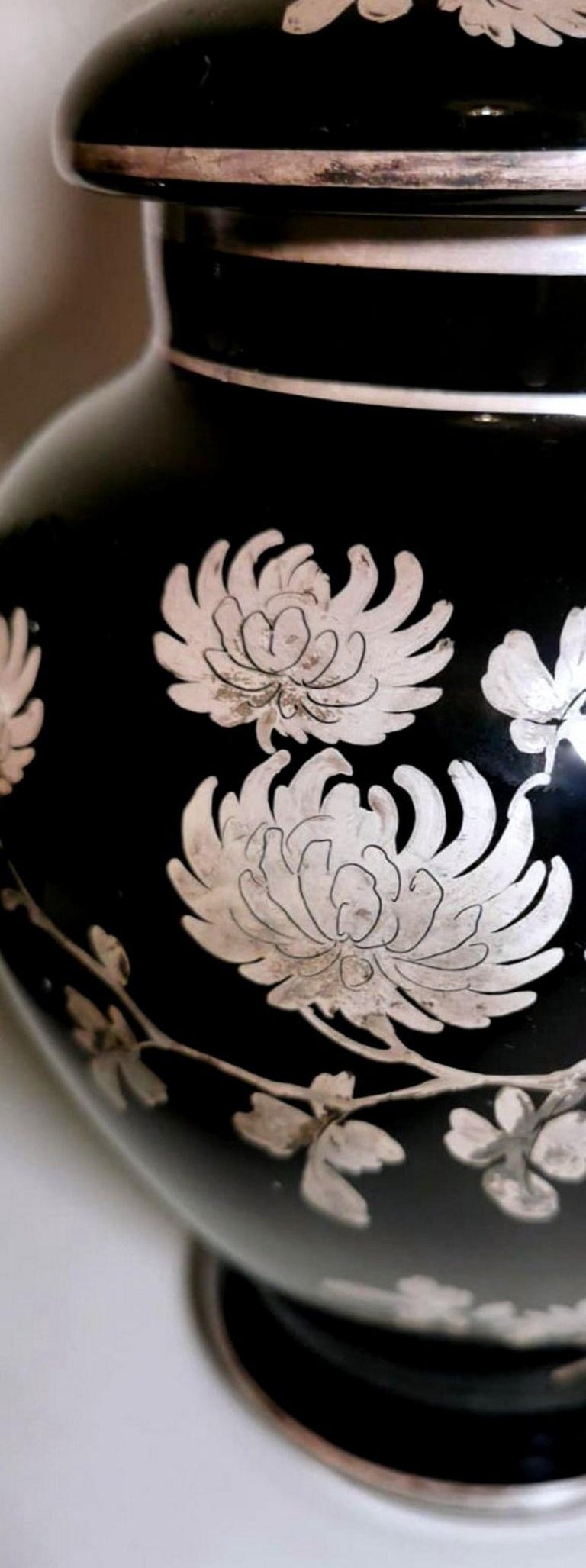 Art Nouveau Pair of French Black Opaline Glass Potiches with Silver ...