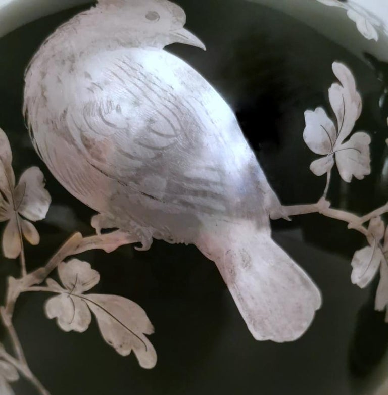 Art Nouveau Pair of French Black Opaline Glass Potiches with Silver ...