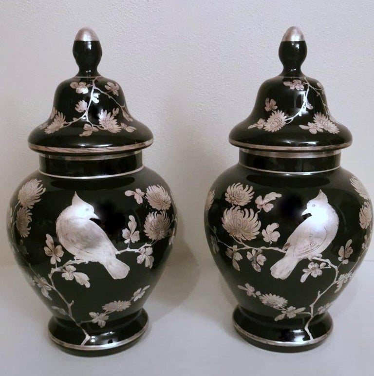 Art Nouveau Pair of French Black Opaline Glass Potiches with Silver ...