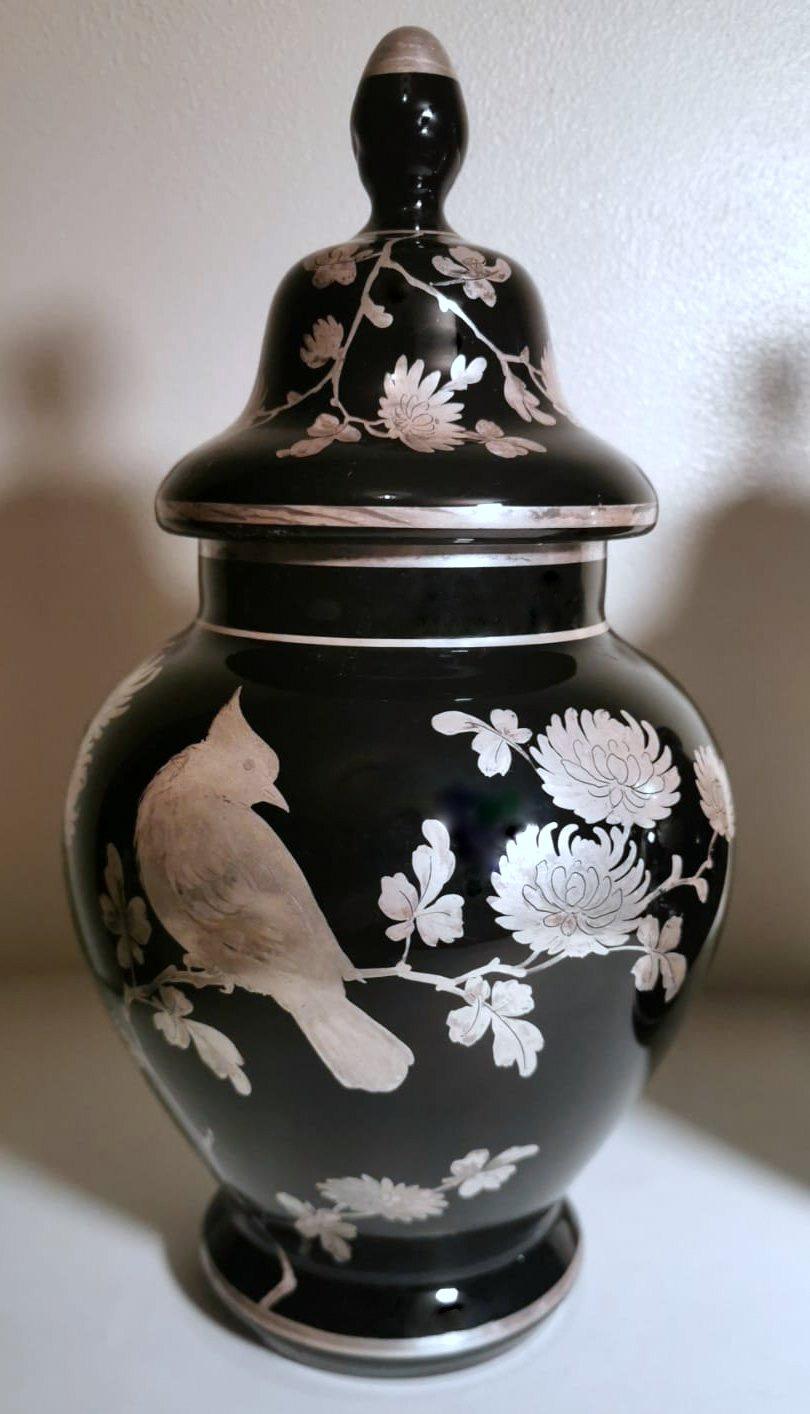 Art Nouveau Pair of French Black Opaline Glass Potiches with Silver ...