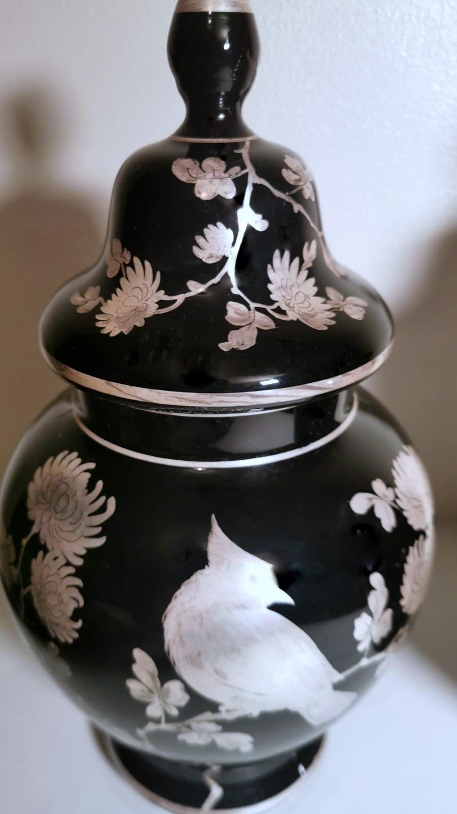 Art Nouveau Pair of French Black Opaline Glass Potiches with Silver ...