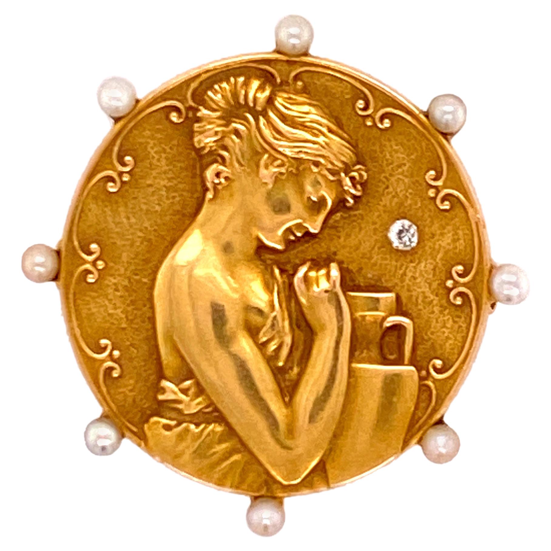 Art Nouveau Pearl Diamond 18 Karat Yellow Gold Greek Goddess Brooch Pin ...