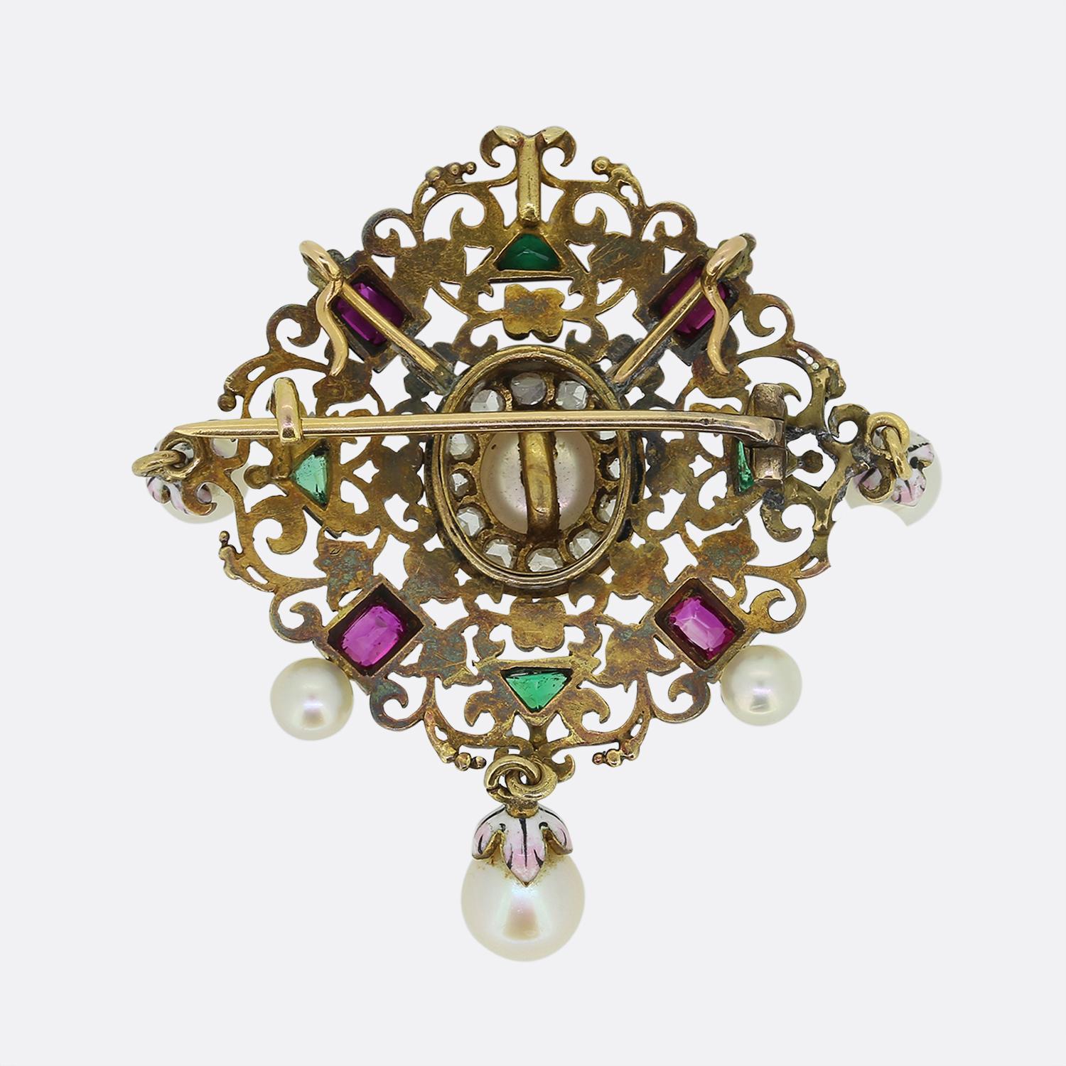 Art Nouveau Pearl Diamond and Enamel Brooch Pendant For Sale at 1stDibs