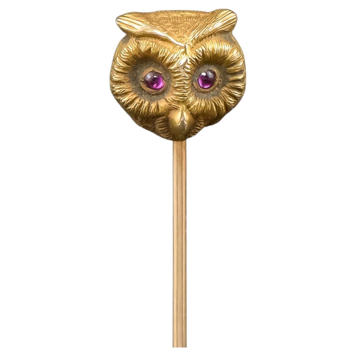 Art Nouveau Petite Gold Owl Stickpin with Ruby Eyes by Riker Bros. For ...