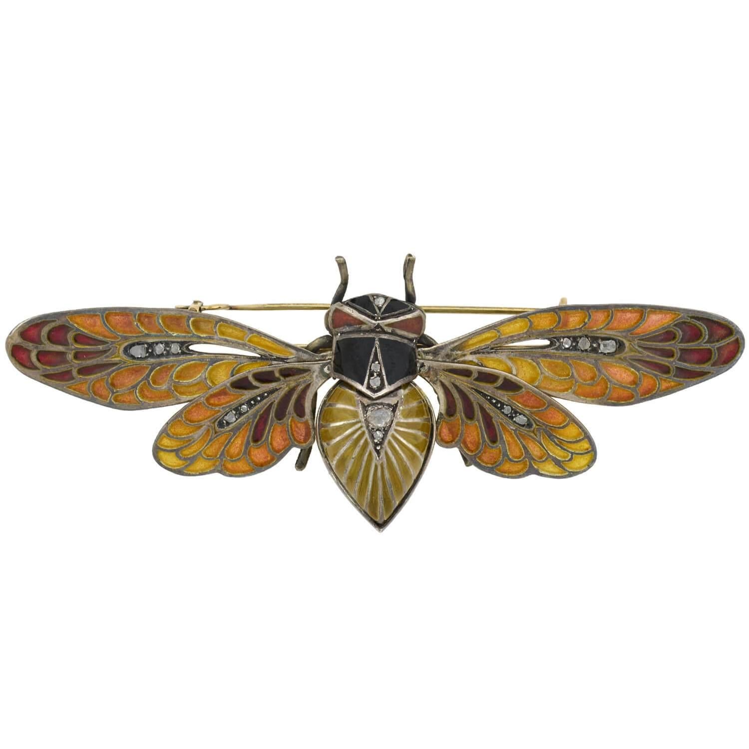 Art Nouveau Plique-à-Jour and Diamond Moveable Winged Insect Pin For ...