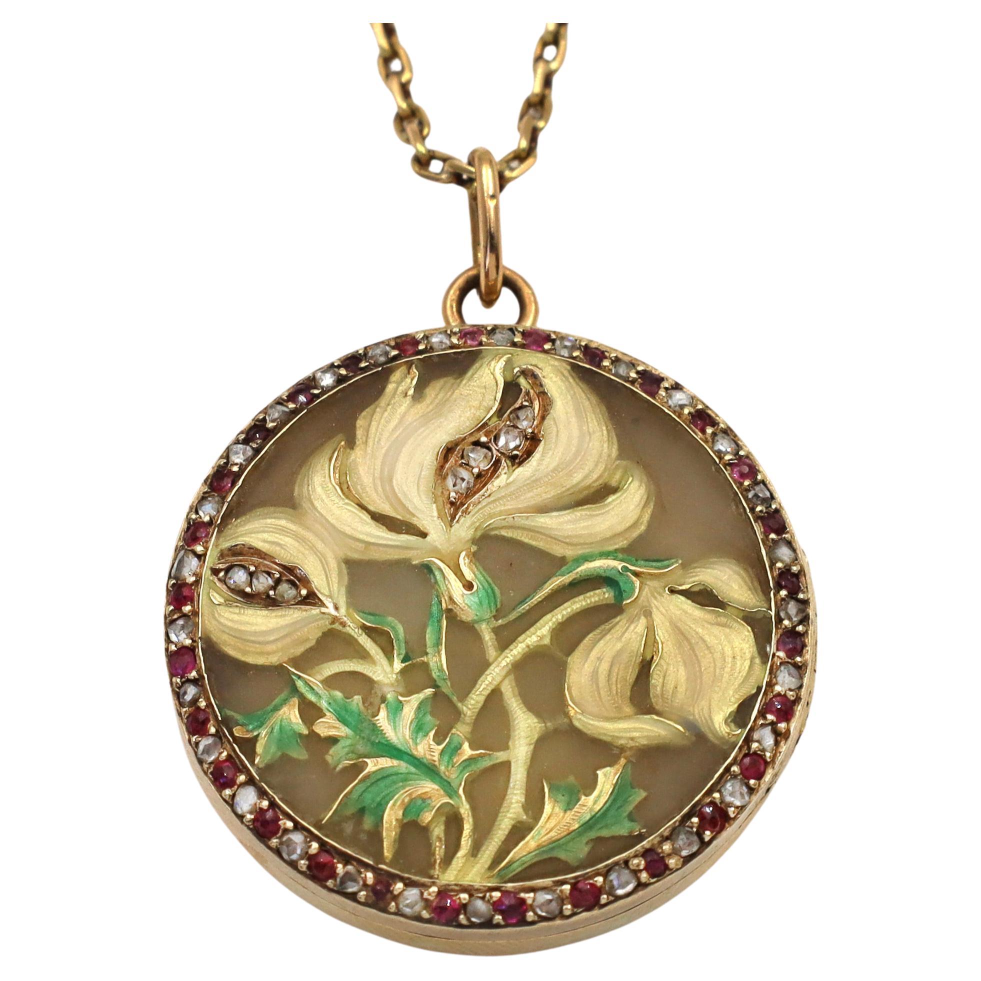 Art Nouveau Plique-á-jour Lady Necklace at 1stDibs