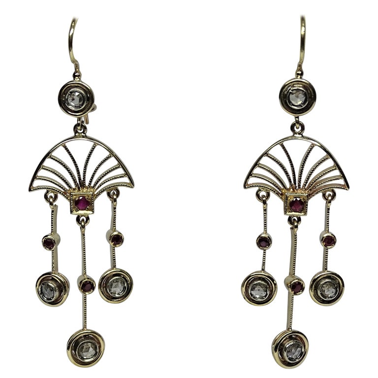 Art Nouveau Rose Cut Diamond Ruby 14 Karat Yellow Gold Earrings For ...