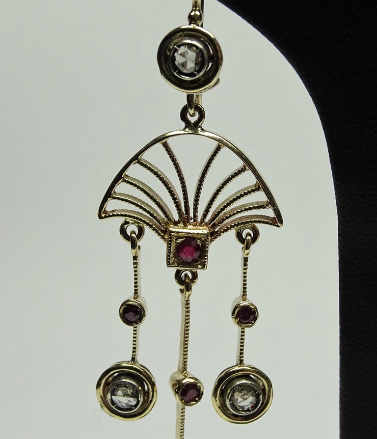 Art Nouveau Rose Cut Diamond Ruby 14 Karat Yellow Gold Earrings For ...