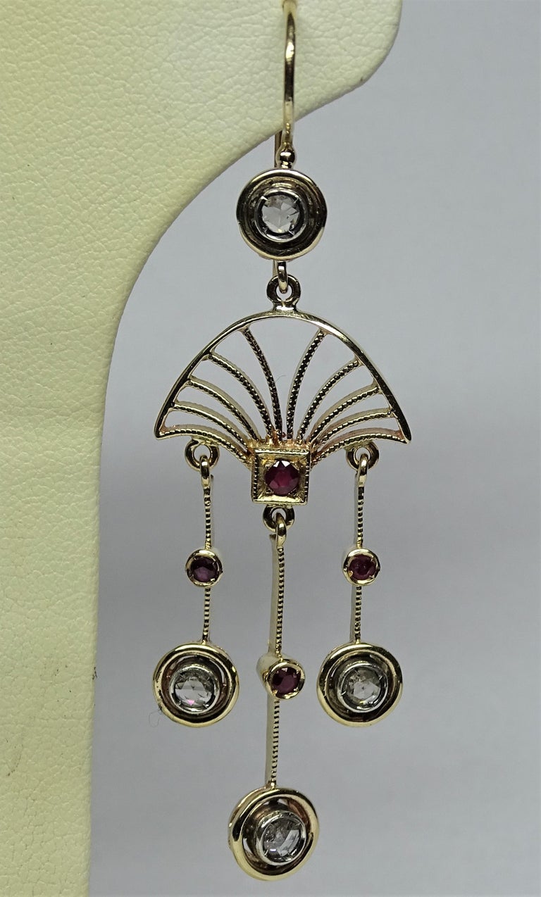 Art Nouveau Rose Cut Diamond Ruby 14 Karat Yellow Gold Earrings For ...