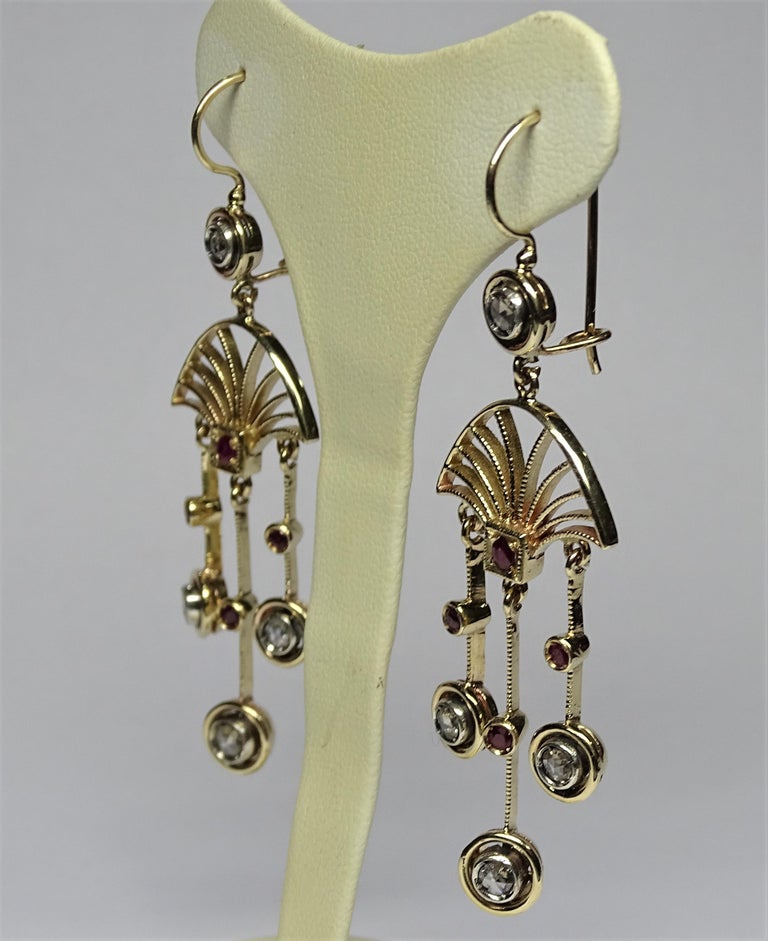 Art Nouveau Rose Cut Diamond Ruby 14 Karat Yellow Gold Earrings For ...