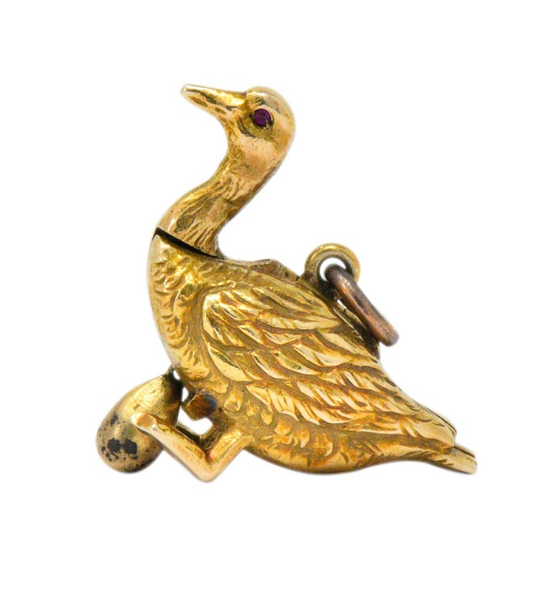 Art Nouveau Ruby 14 Karat Goose with Golden Egg Charm at 1stDibs