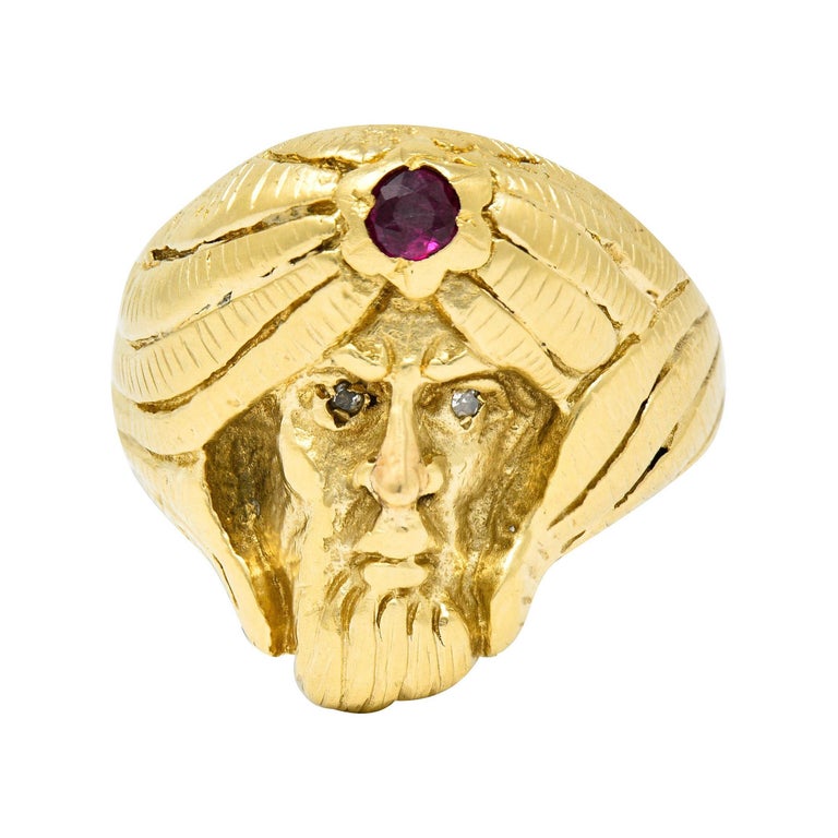 Art Nouveau Ruby Diamond 14 Karat Yellow Gold Wise Man Ring at 1stDibs