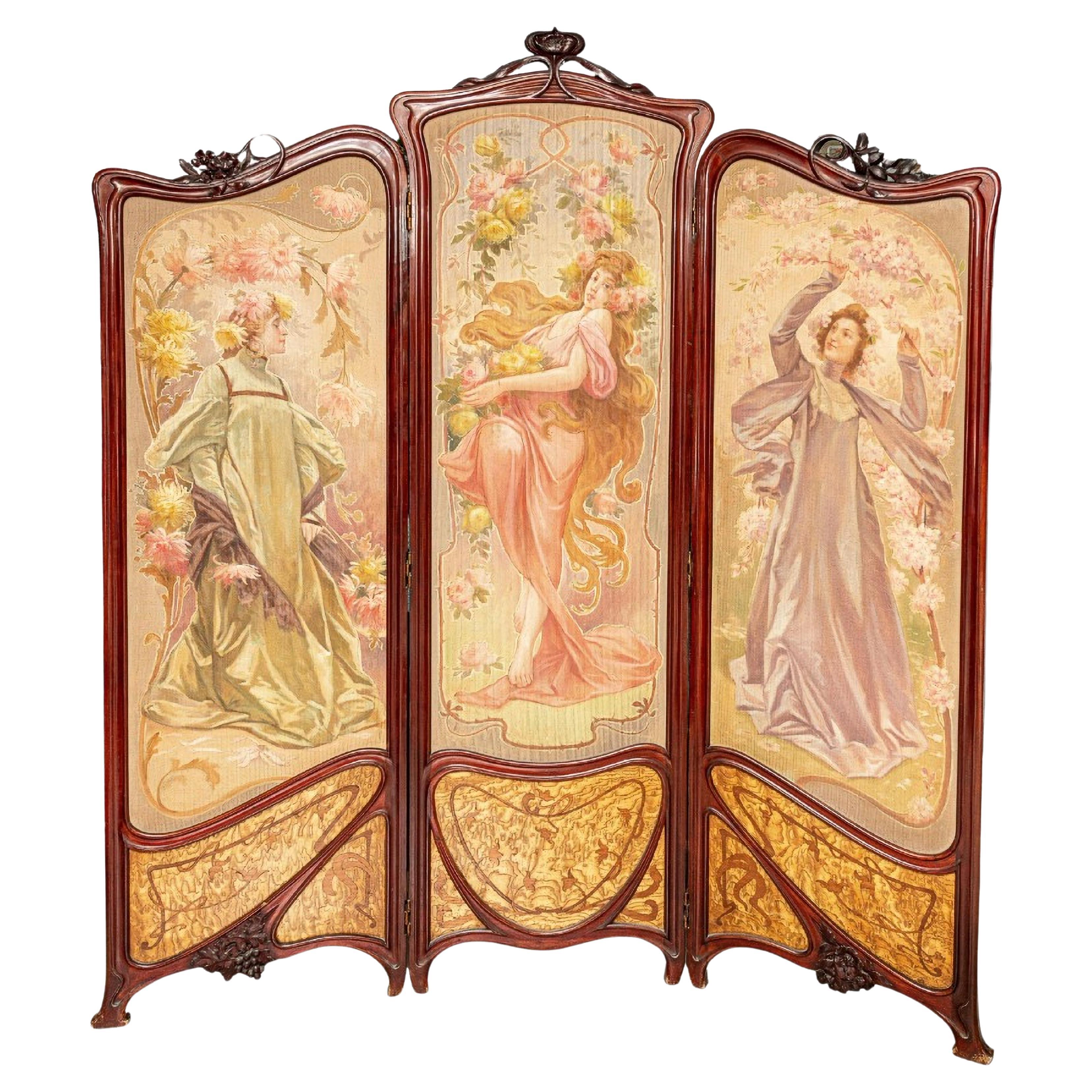 Gold and Black Art Nouveau / Art Deco Paravant 20th Century Wood and ...