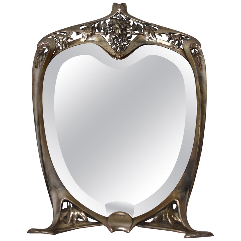 Art Nouveau Silver Plate Standing Easel Vanity Mirror For Sale at 1stDibs