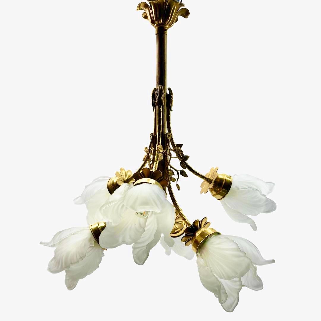 Art Nouveau Solid Brass Chandelier With Floral Decorations 1930s For ...