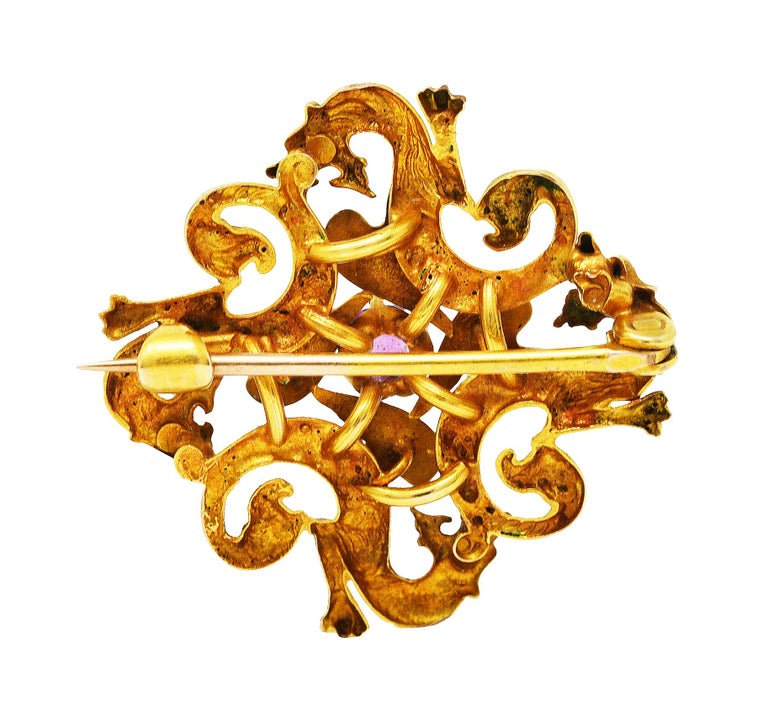 Art Nouveau Spinel 14 Karat Yellow Gold Dragon Brooch at 1stDibs