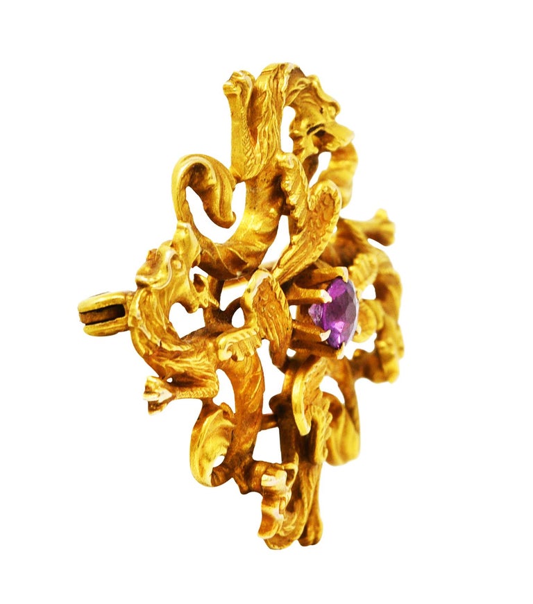 Art Nouveau Spinel 14 Karat Yellow Gold Dragon Brooch at 1stDibs
