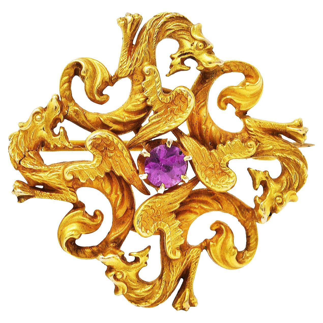 Art Nouveau Spinel 14 Karat Yellow Gold Dragon Brooch at 1stDibs